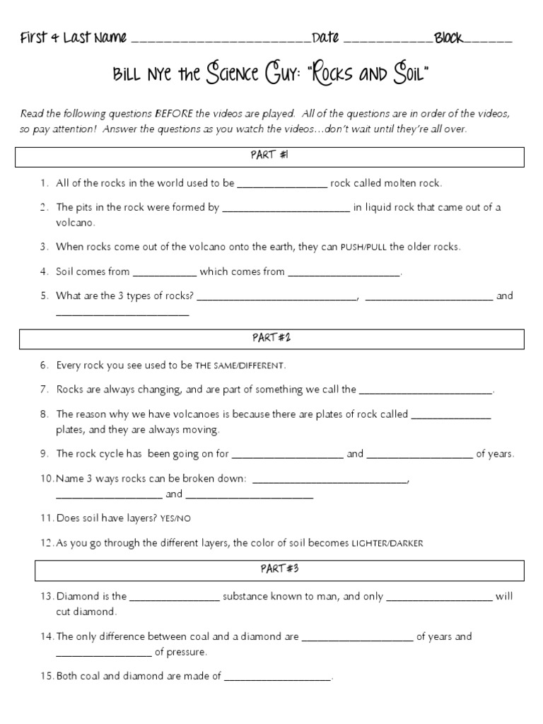 Bill Nye: Rocks and Soil Worksheet | PDF | Rock (Geology) | Volcano