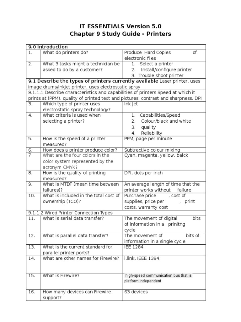 IT ESSENTIALS Version 5.0 Chapter 9 Study Guide - Printers | PDF ...