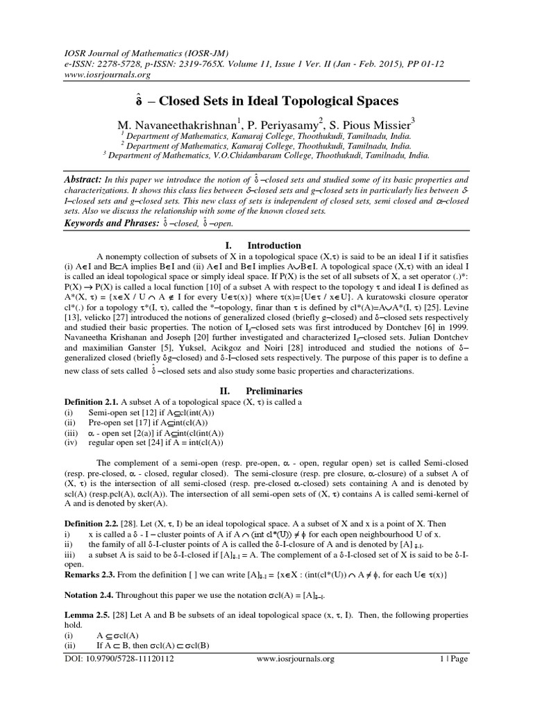 δ ˆ Closed Sets In Ideal Topological Spaces Pdf General Topology Logic