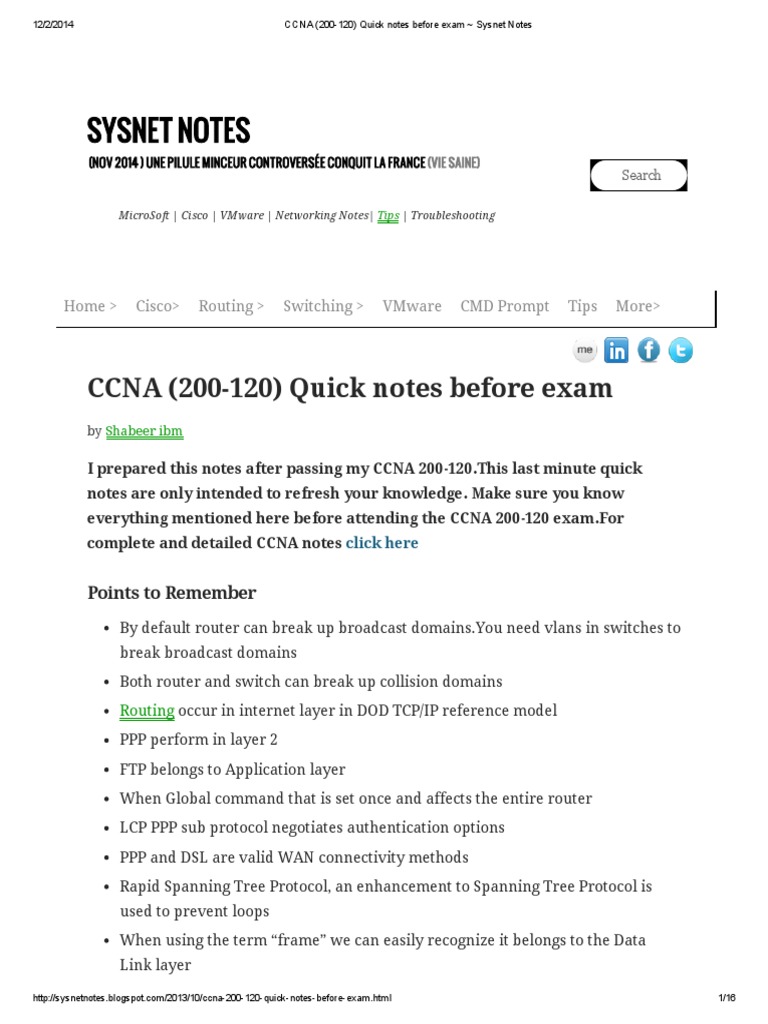 43 CCNA (200-120) Quick Notes Before Exam Sysnet Notes | PDF | Computer ... 43 CCNA (200-120) Quick Notes Before Exam Sysnet Notes | PDF | Computer ...