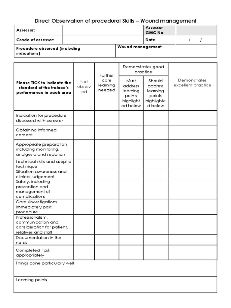 Direct Observation of Procedural Skills - Wound Management | PDF