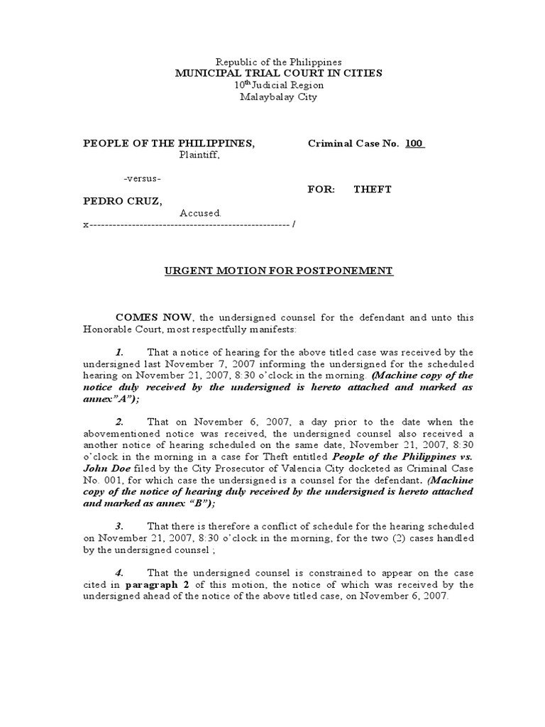 Motion For Postponement | PDF