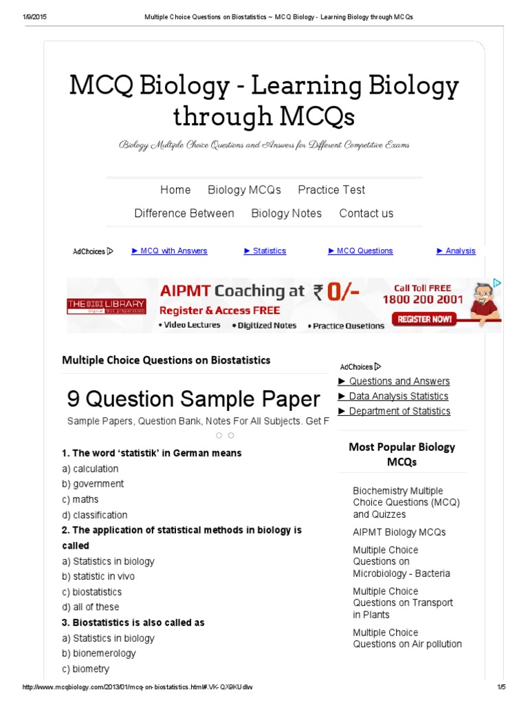 Multiple Choice Questions On Biostatistics MCQ Biology - Learning Biology Through MCQs | PDF ...