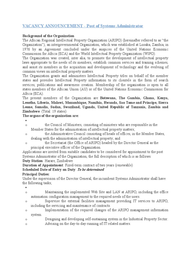 VACANCY ANNOUNCEMENT - Post of Systems Administrator | PDF | System ...