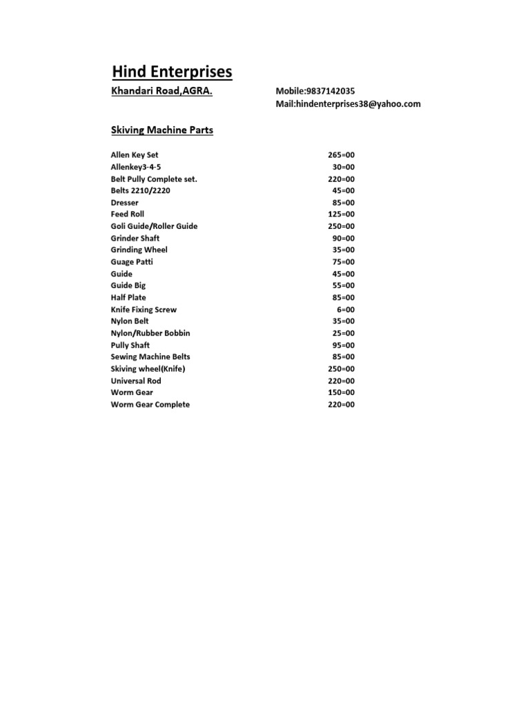 Skiving Machine Parts and Accessories | PDF