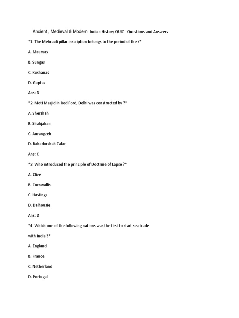 Indian History Quiz: Questions & Answers | PDF | Jawaharlal Nehru ...