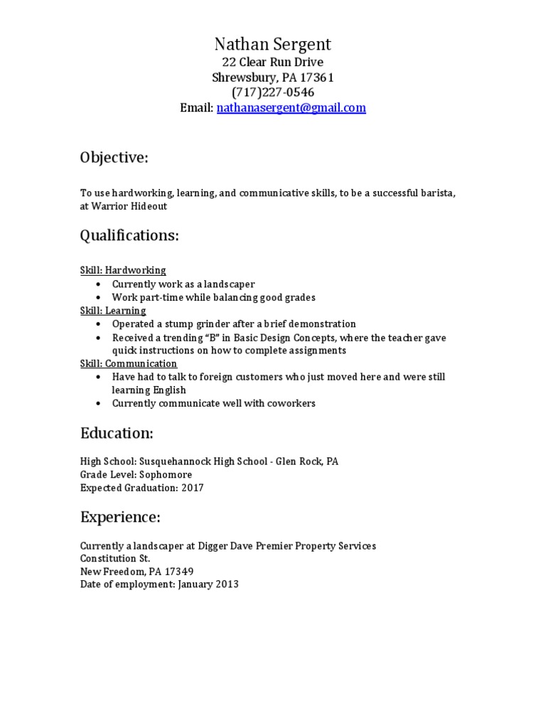 Barista Resume of Nathan Sergent | PDF