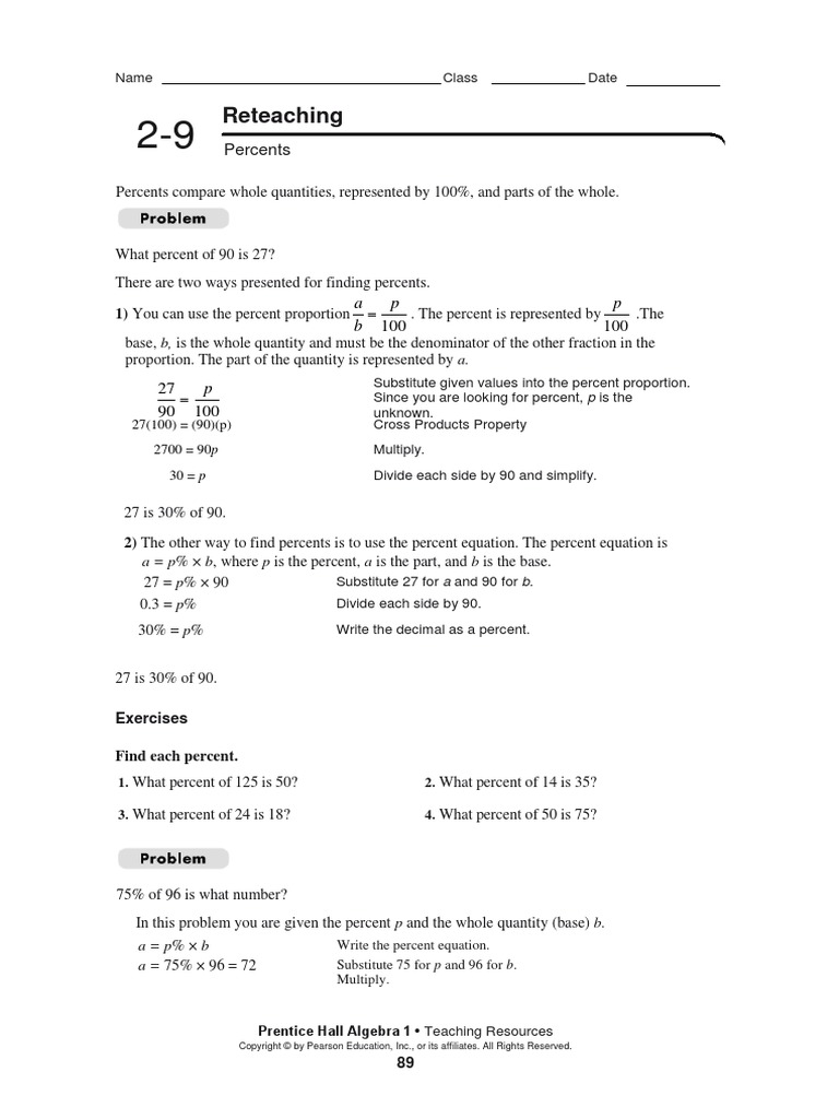 Algebra 2-9 Reteaching | PDF | Percentage | Fraction (Mathematics)