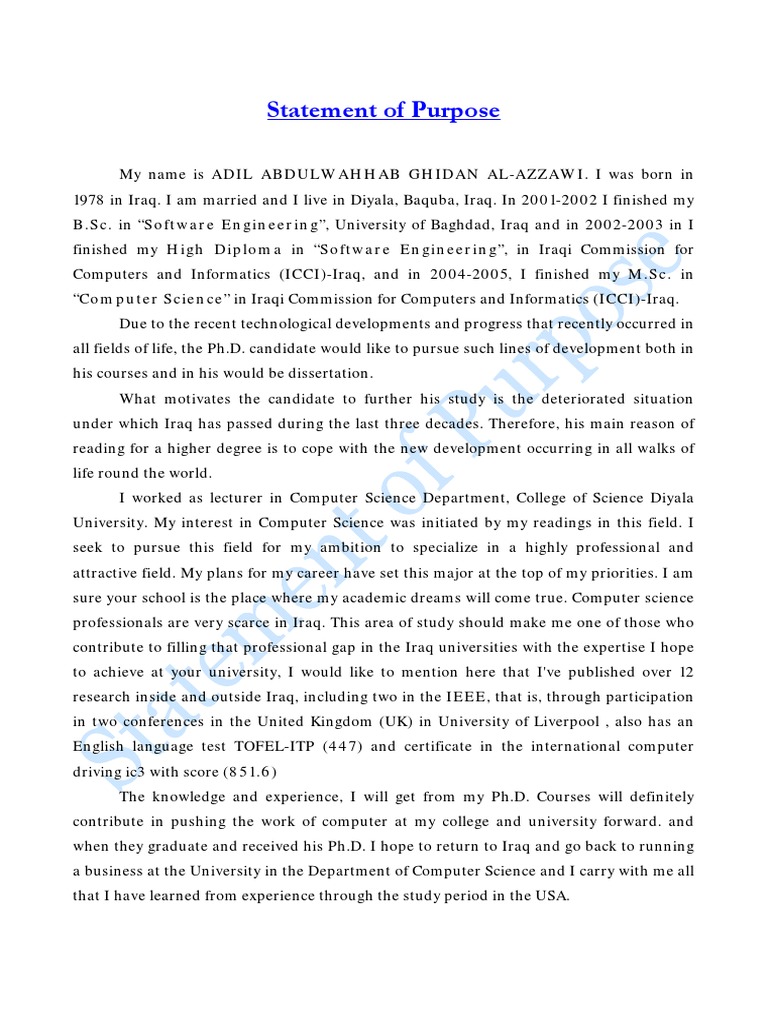Statement of Purpose | PDF | Doctor Of Philosophy | Computer Science