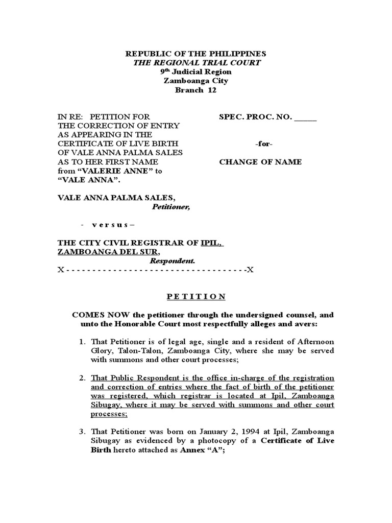 Petition For Change of Name/correction of Entry | PDF | Virtue | Government Institutions