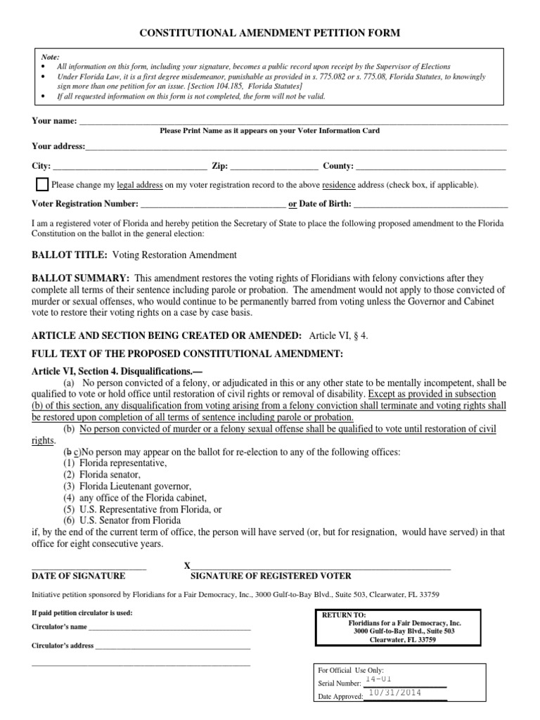 Voting Restoration Amendment Petition | Voting Rights In The United ...