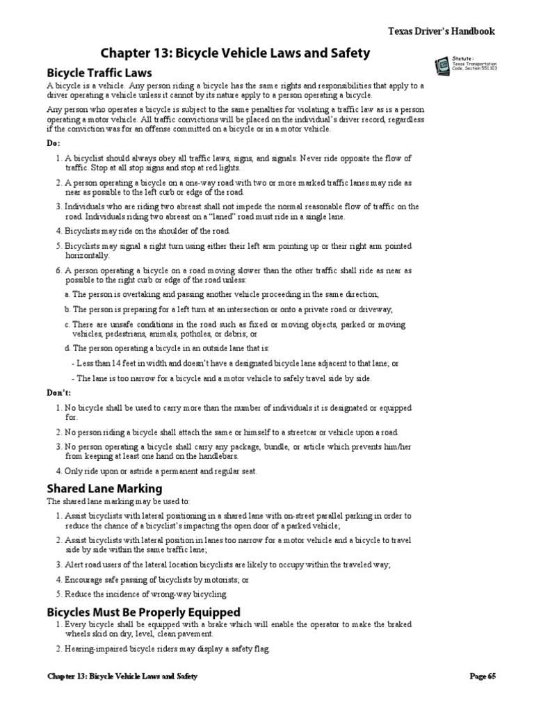 Texas Driver's Handbook On Bicycle Safety | PDF | Traffic | Lane