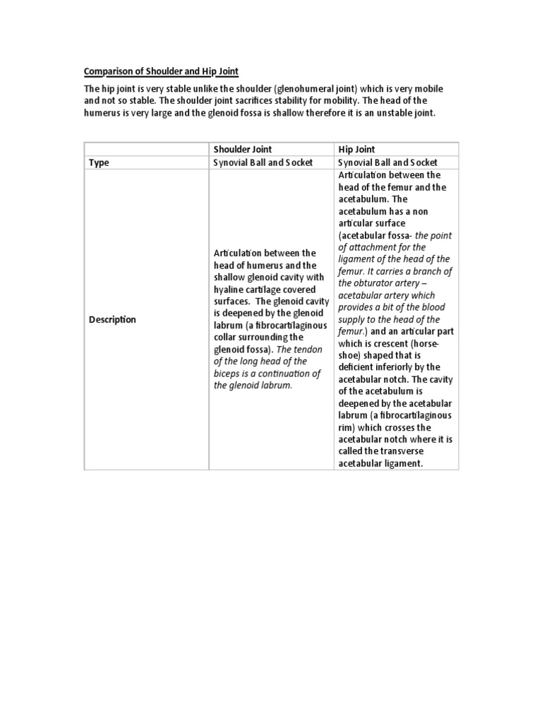 Stability of Hip vs. Shoulder Joint | PDF | Shoulder | Hip