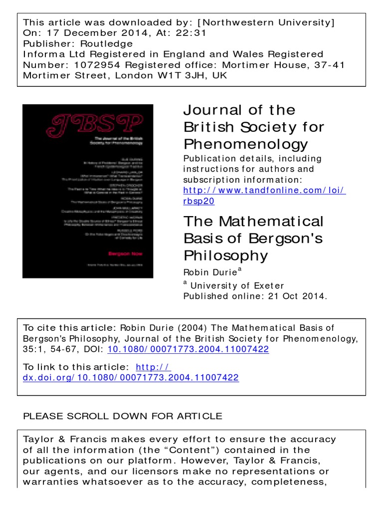 Robin Durie - The Mathematical Basis of Bergson' Philosophy | PDF ...