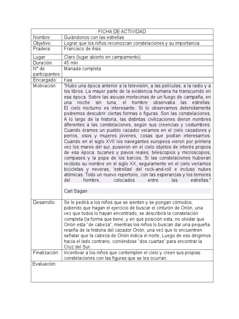 Ficha de Actividad Campamento Verano Kaa | PDF | Constelación | Lobo gris