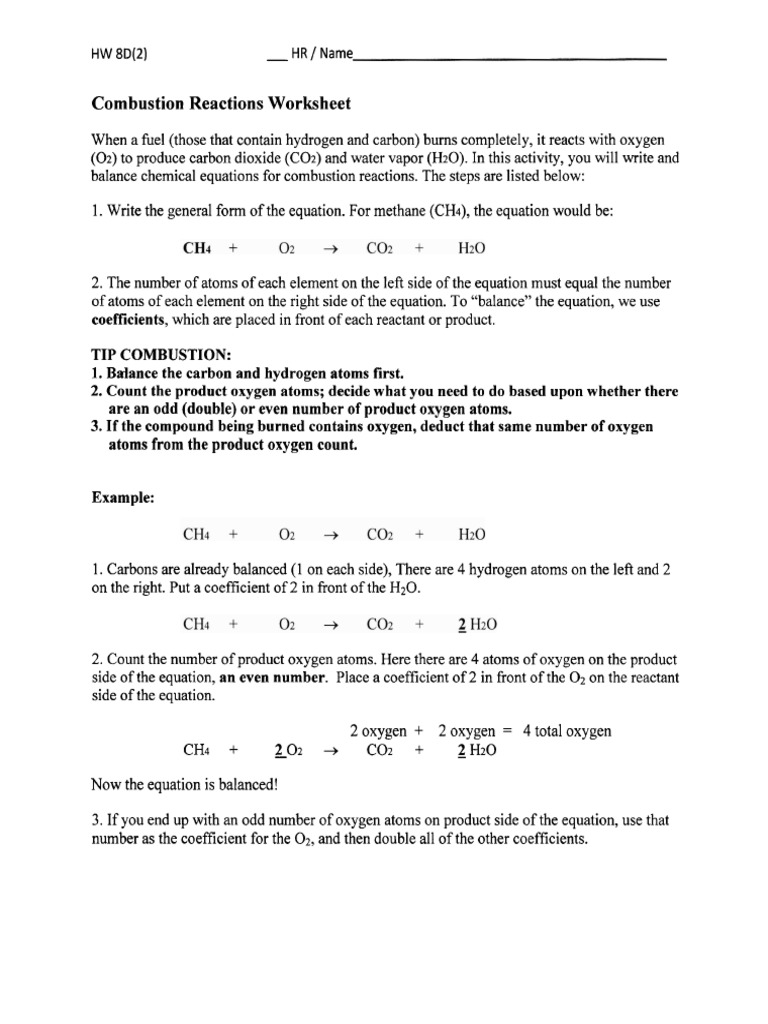 HW 8D (2) - Combustion Reactions Worksheet, With KEY (11-12) | PDF ...