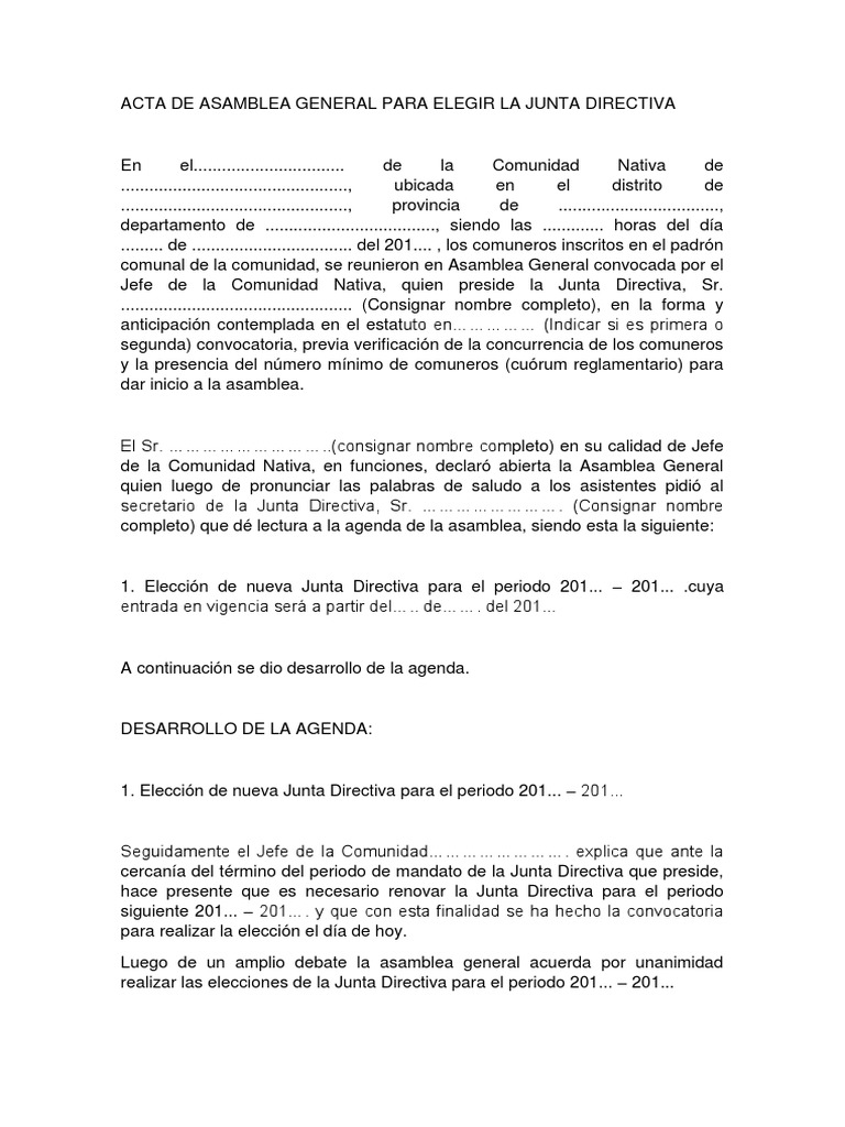 Acta de Asamblea General para Elegir La Junta Directiva | PDF | Votación | Elecciones