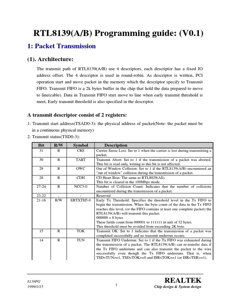 RTL8139 Programmers Guide | PDF | Network Packet | Data Buffer