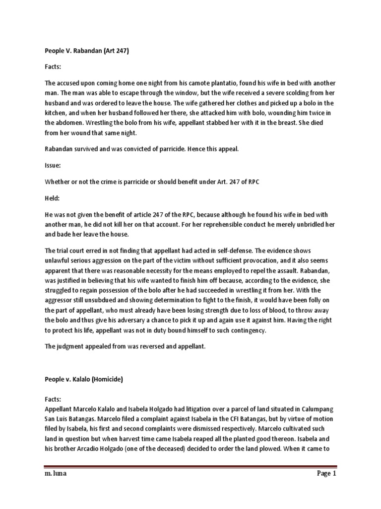 Legal Case Summaries: Parricide, Homicide, Robbery, Libel | PDF ...
