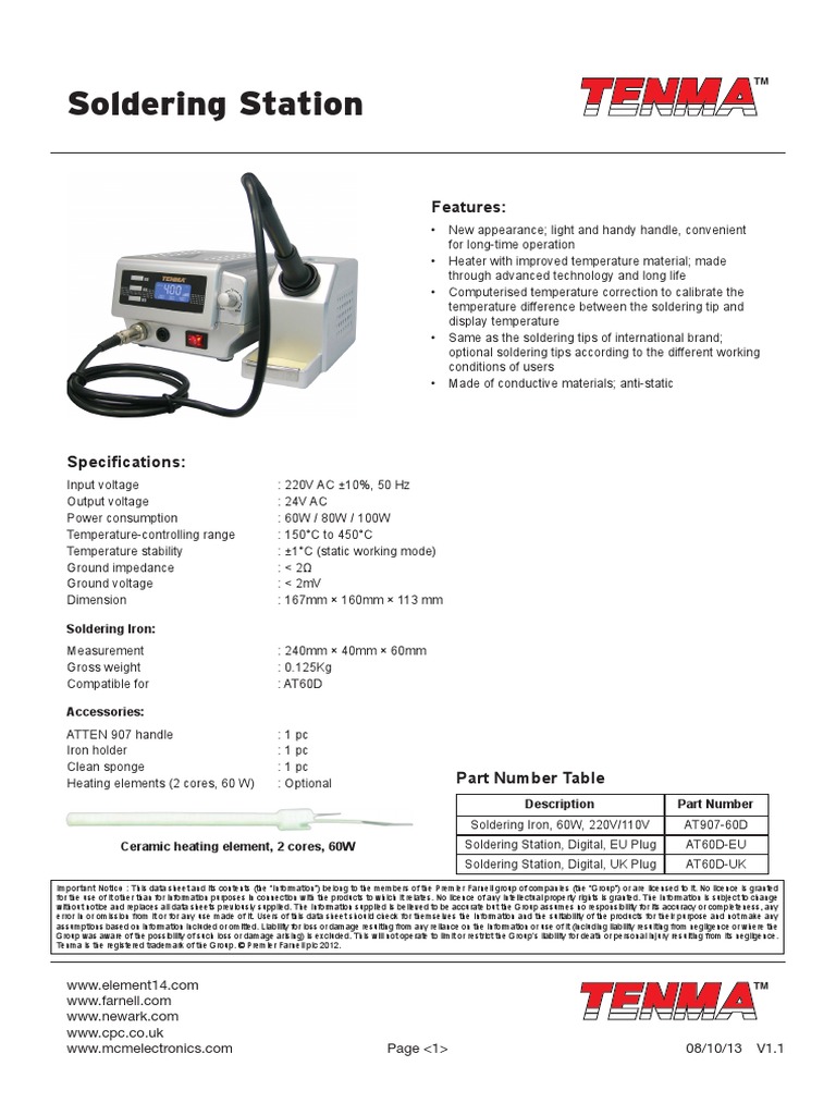 Tenma - At60d-Eu - Soldering Station, 60w, 220v, Eu | PDF