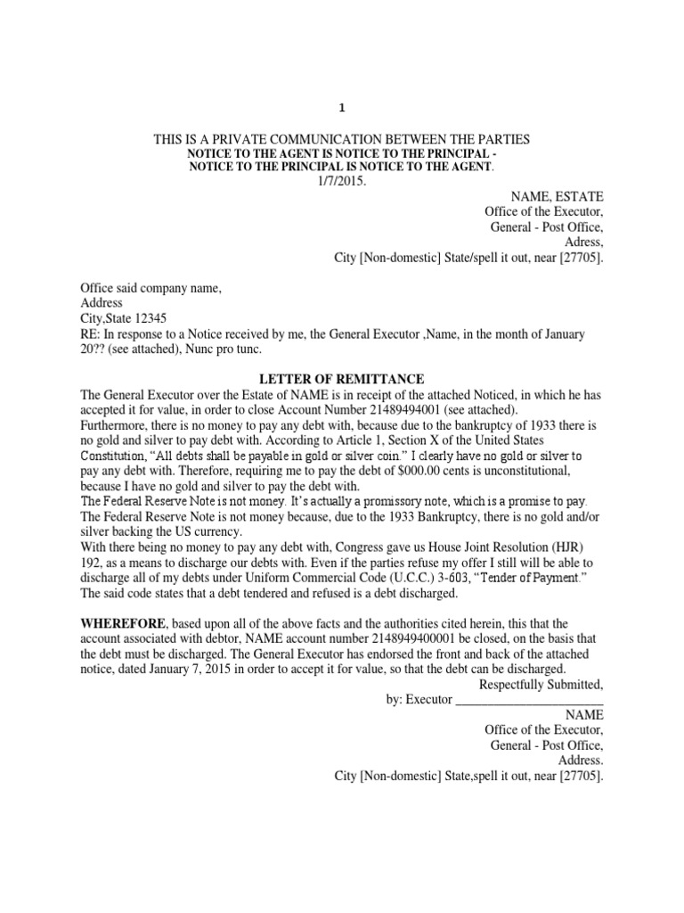 Letter of Remittance: Notice To The Agent Is Notice To The Principal ...