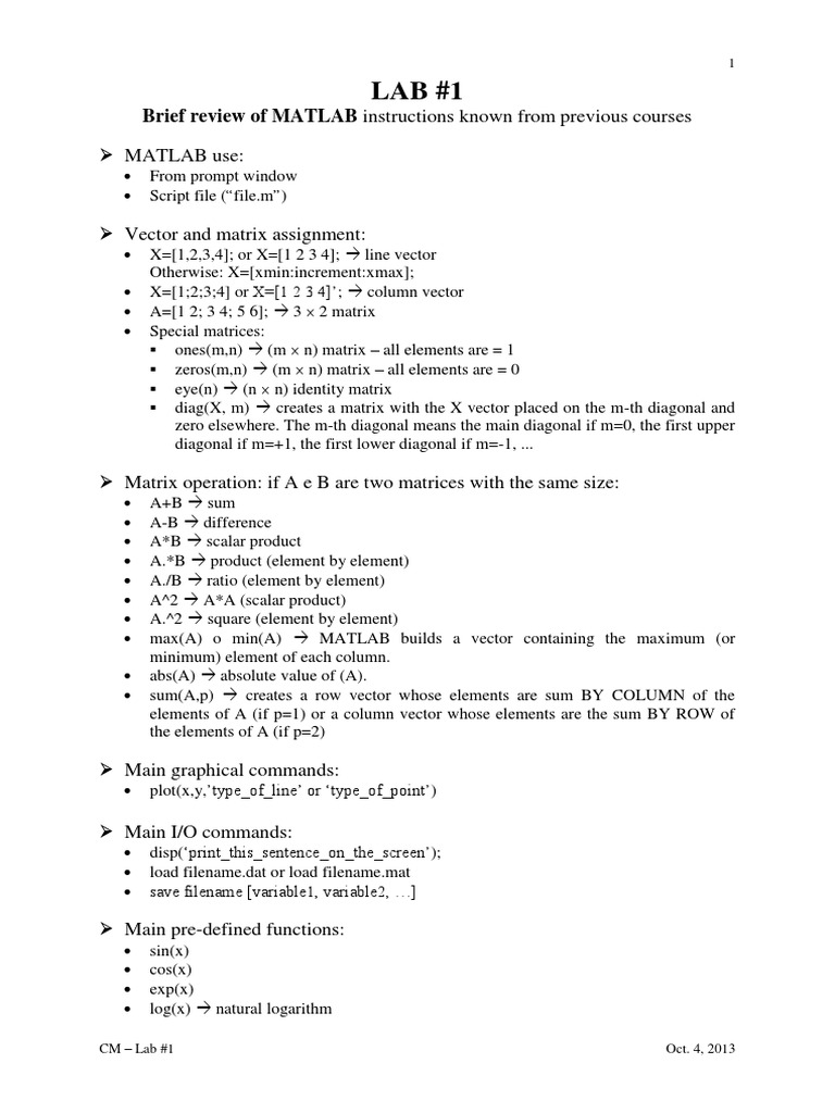 Brief Review of MATLAB Instructions Known From Previous Courses | PDF | Matlab | Matrix ...
