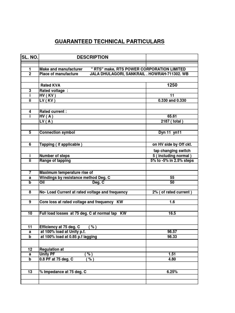 Guaranteed Technical Particulars: Sl. No. Description | PDF