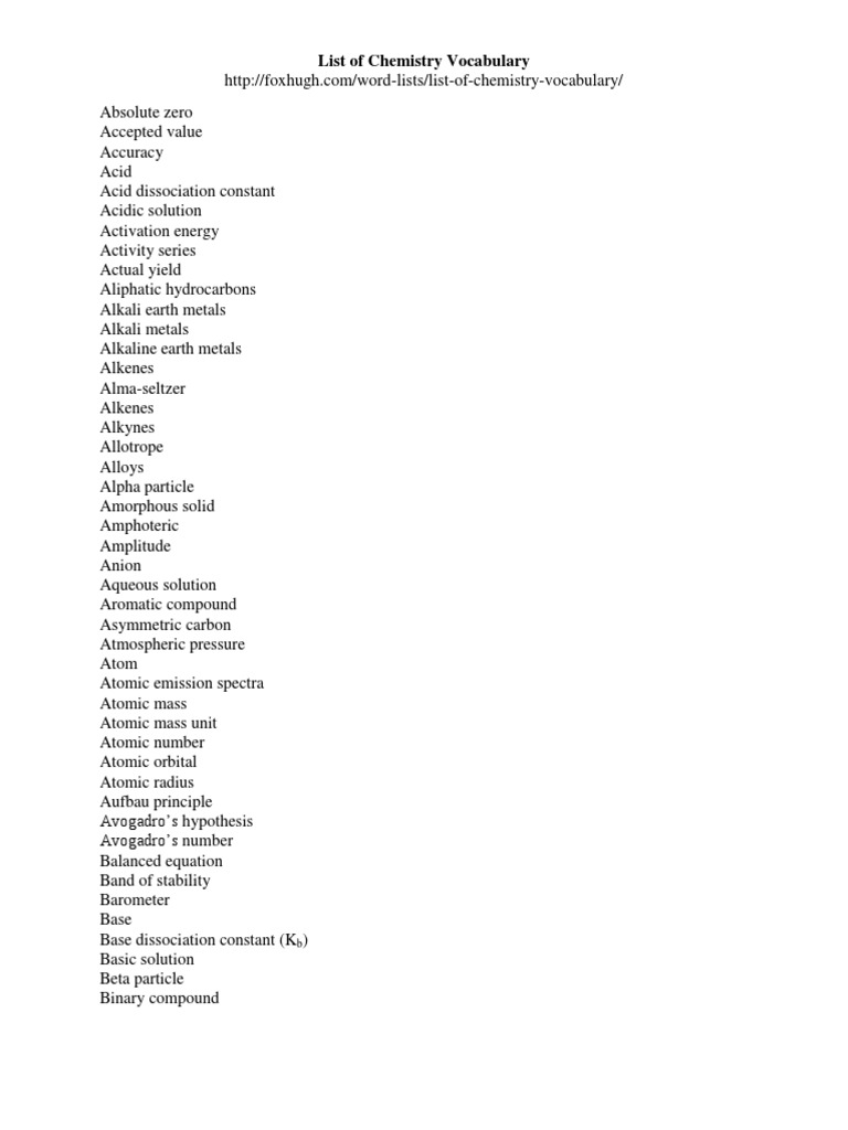 List of Chemistry Vocabulary | PDF | Chemical Reactions | Chemical Bond