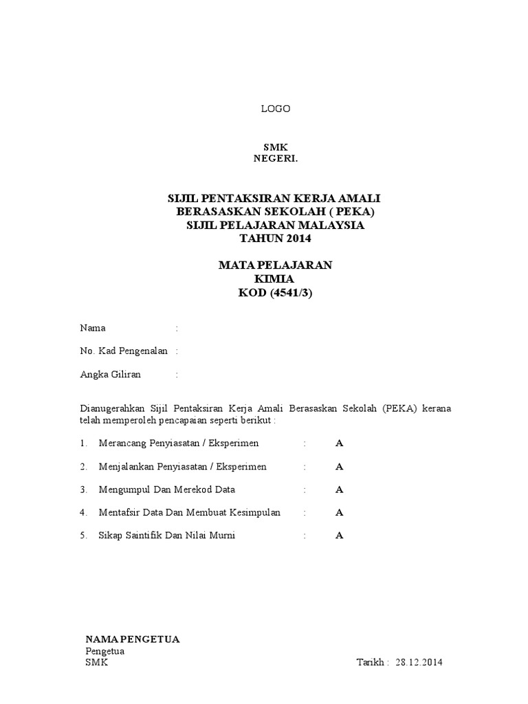 CONTOH SIJIL Peka-Kimia | PDF