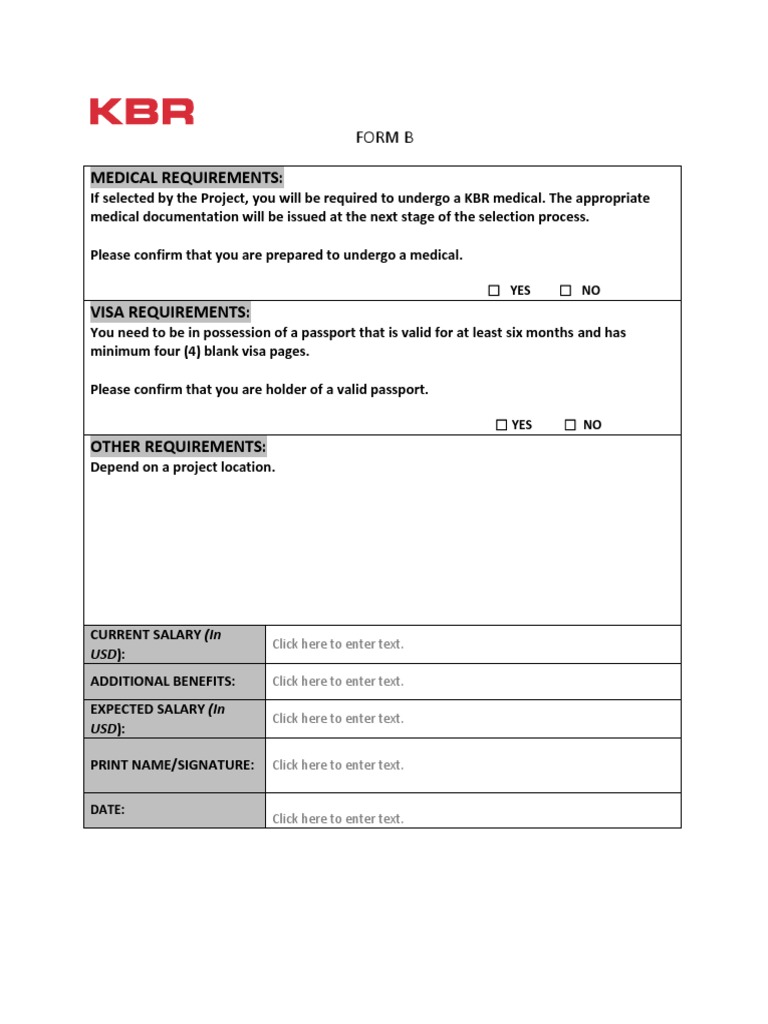 KBR Medical and Visa Requirements Form | PDF