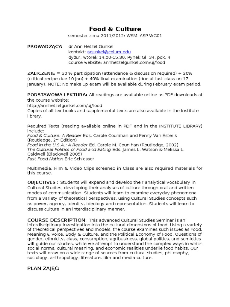 Syllabus Food and Culture | PDF | Cultural Studies | Foods