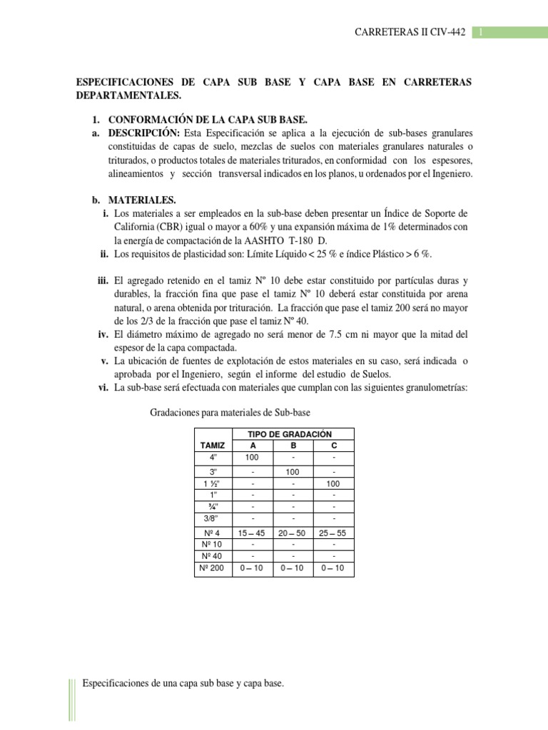 Especificaciones de Capa Sub Base y Capa Base en Carreteras ...