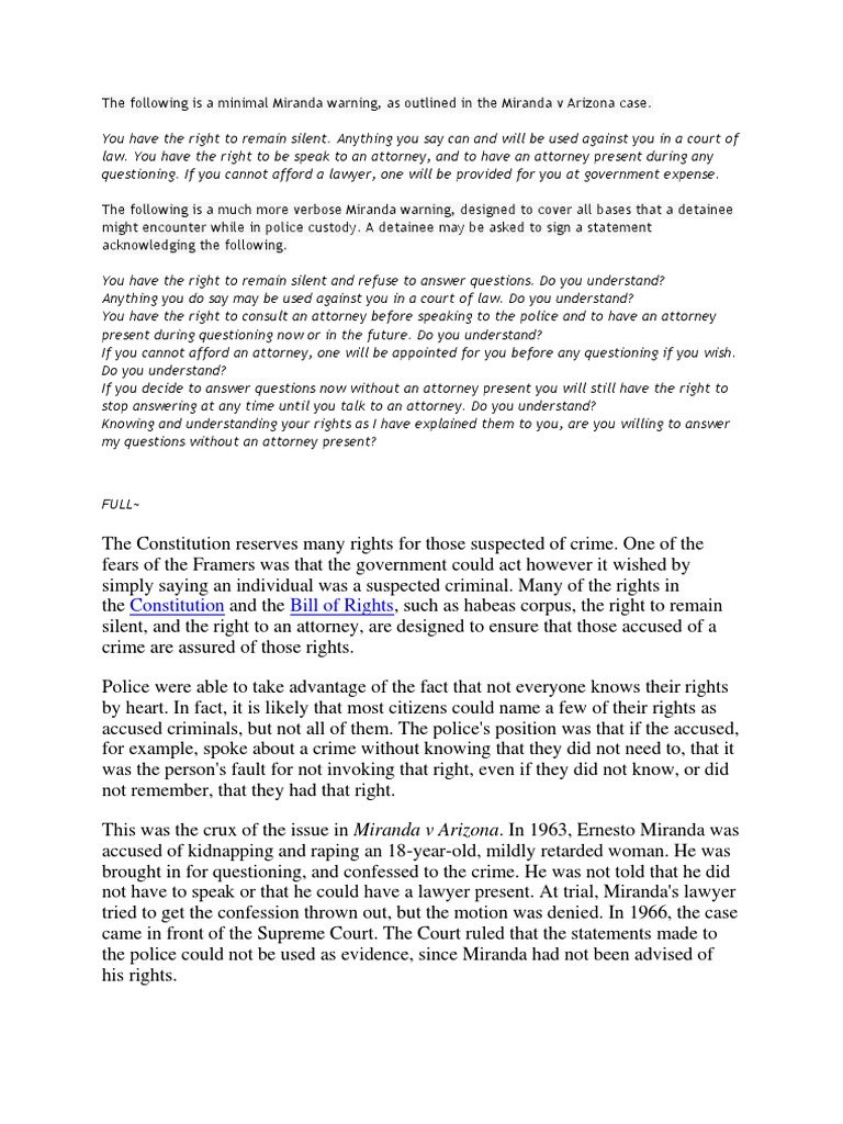 The following is a minimal Miranda warning.docx | Miranda Warning ...