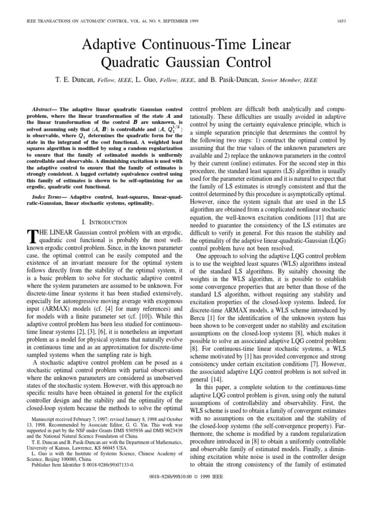 Adaptive Continuous Time Linear Quadratic Gaussian Control Control Theory Stochastic Process