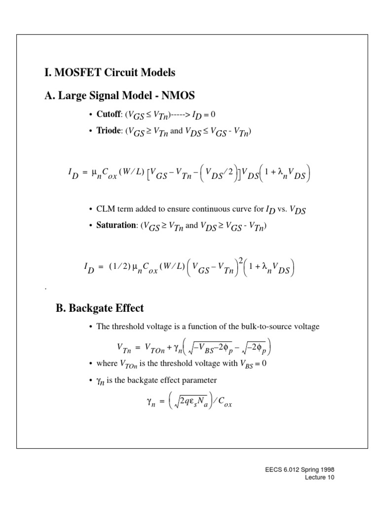 I. Mosfet Circuit Models A. Large Signal Model - Nmos: Vgs VTN Id Vgs ...