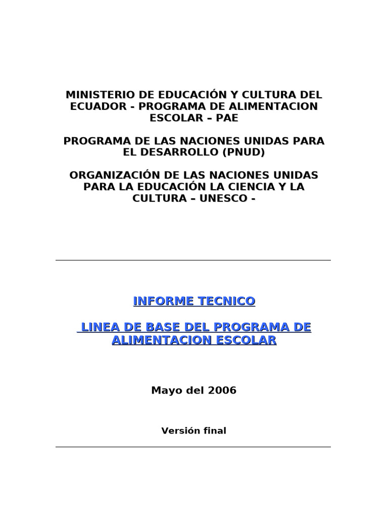 Linea Base Evaluacion Programa de Alimentacion Escolar | PDF | Diseño | Evaluación