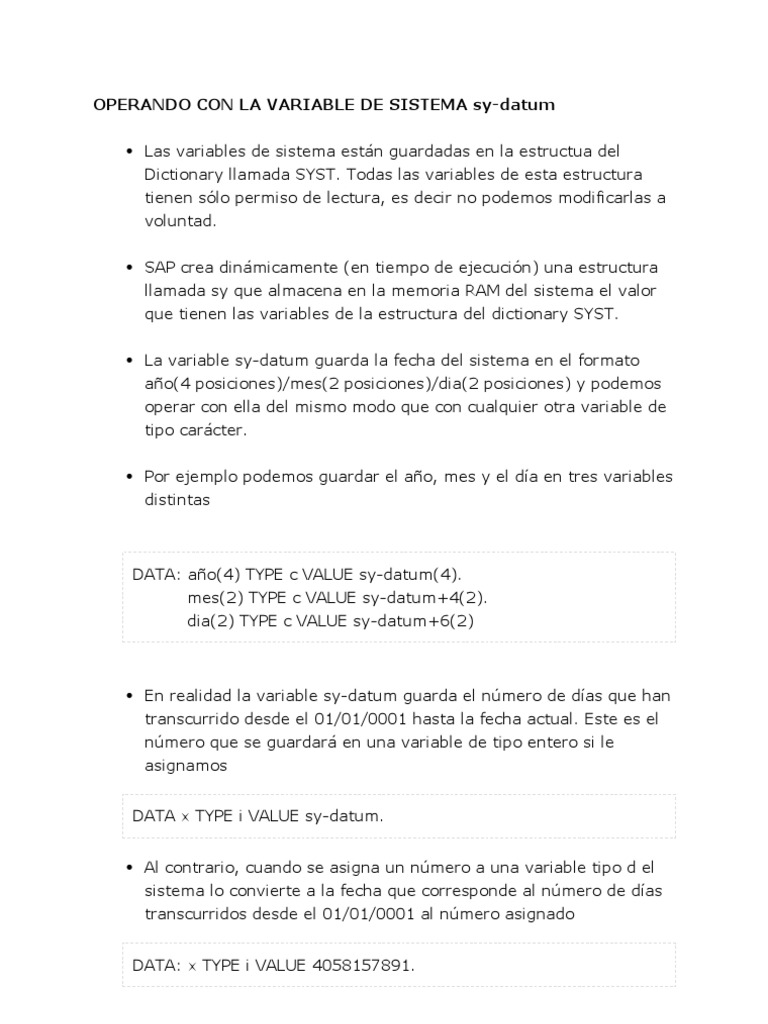 SAP: Sy-Datum y Sy-Uzeit en ABAP | Descargar gratis PDF | Variable (informática) | Tecnología ...