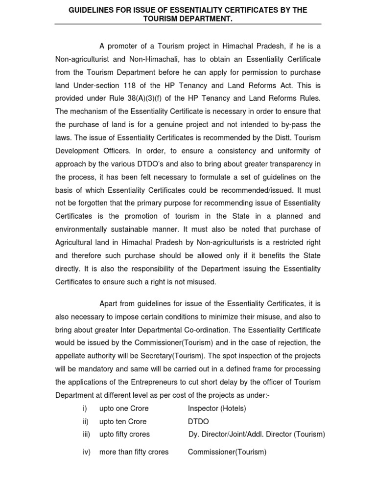 2009 - 9lkfnl - Guidelines For Essentiality Certificate | PDF | Tourism ...