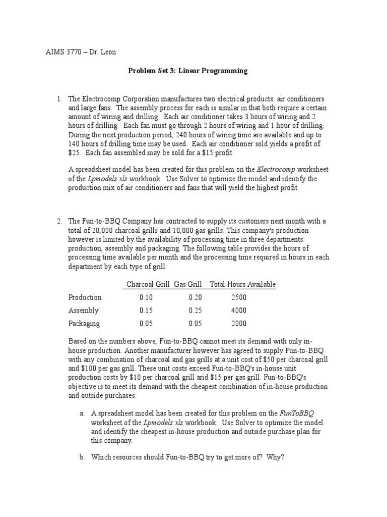 HWProb Set 3 | PDF | Barbecue Grill | Linear Programming