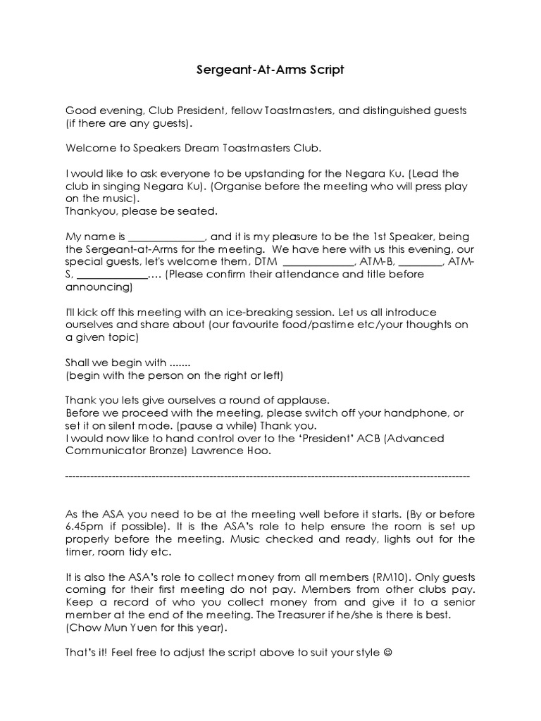 Toastmasters Sergeant-at-Arms Script | PDF | Sports & Recreation | Art