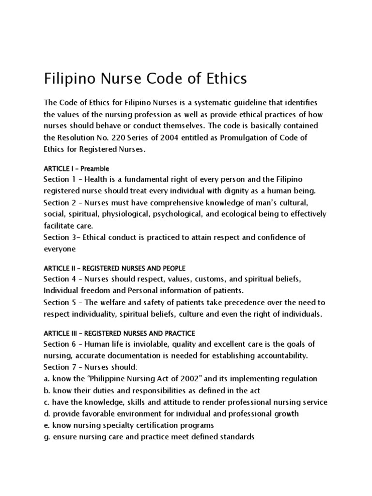 Filipino Nurse Code of Ethics | PDF | Nursing | Dignity