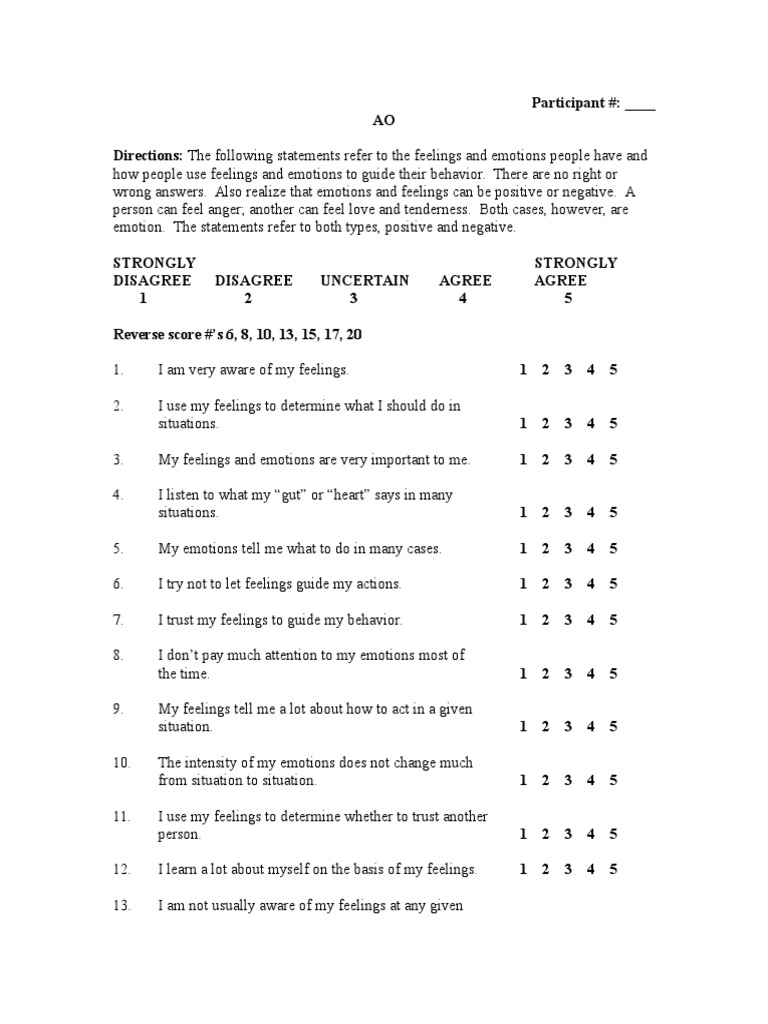 AO - Affective Orientation Scale Scoring Sheet | PDF