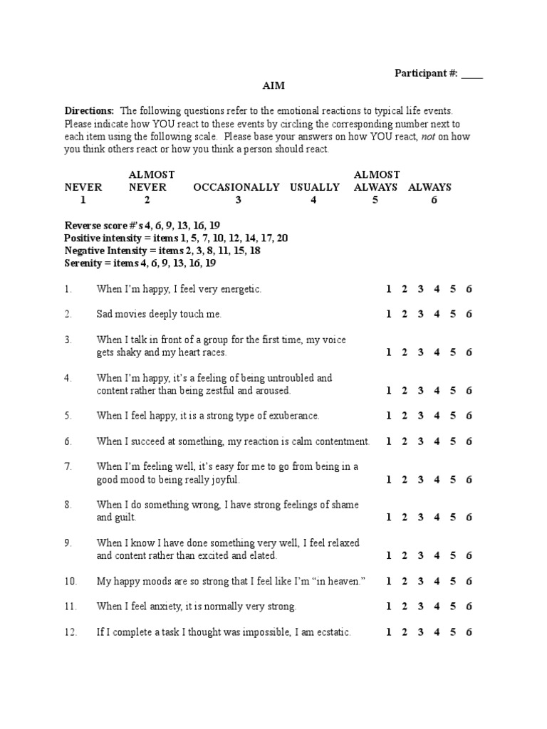 AIM - Short Affect Intensity Scale - Scoring Sheet | Contentment ...