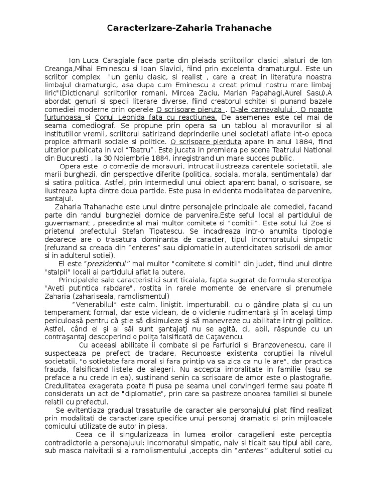 Zaharia Trahanache Caracterizare | PDF