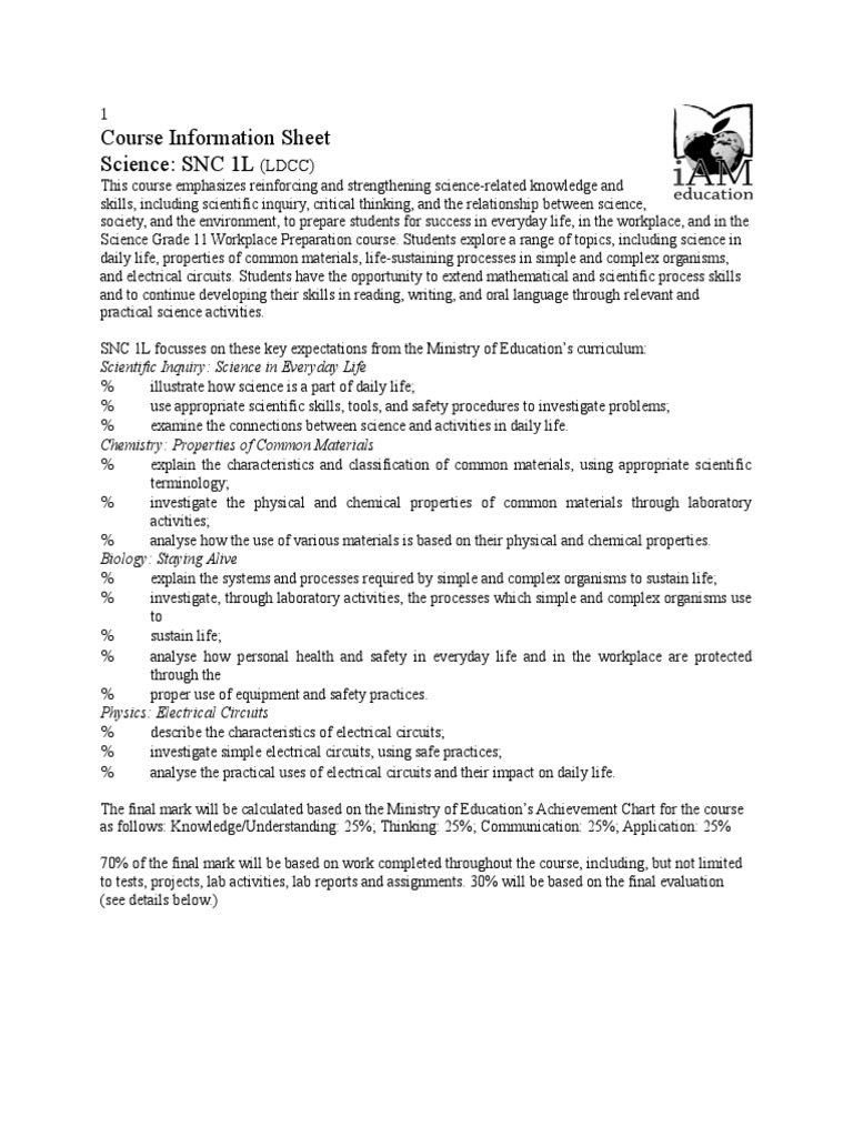 SNC 1L Science Course Overview | PDF