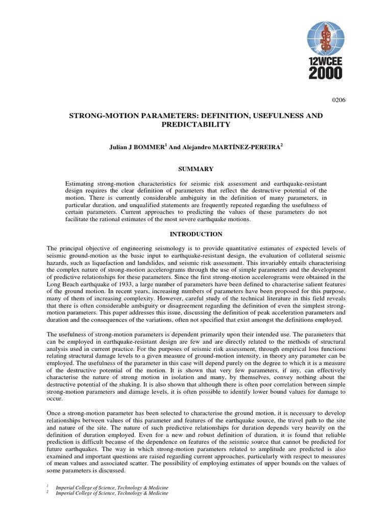 Strong-Motion Parameters: Definition, Usefulness and Predictability ...