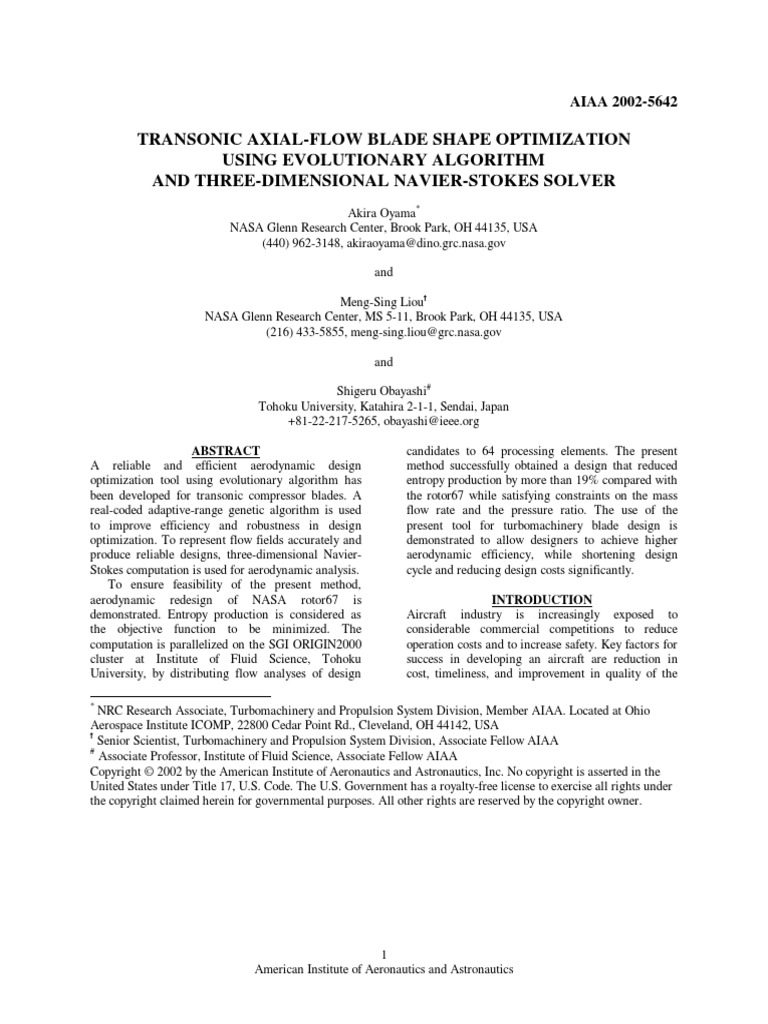 Transonic Axial-Flow Blade Shape Optimization Using Evolutionary Algorithm and Three-Dimensional ...