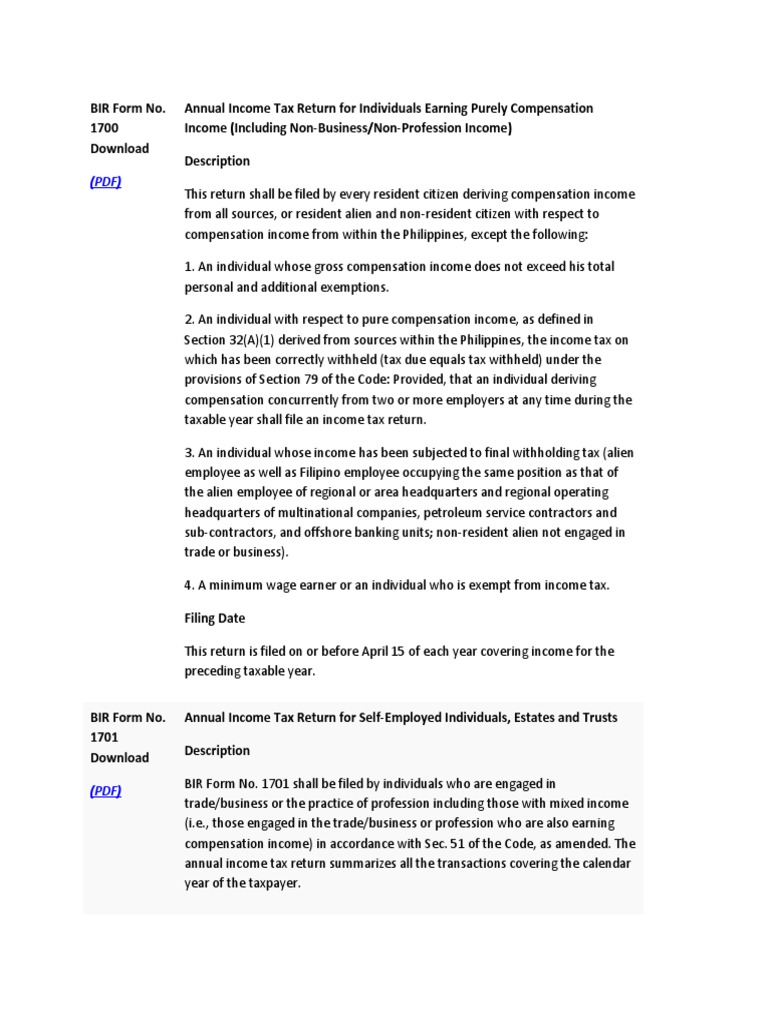 BIR Income Tax Return Forms Guide | PDF | Tax Return (United States ...