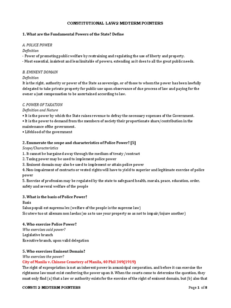 CONSTI 2 Midterm Pointers | PDF | Eminent Domain | Police Power (United ...