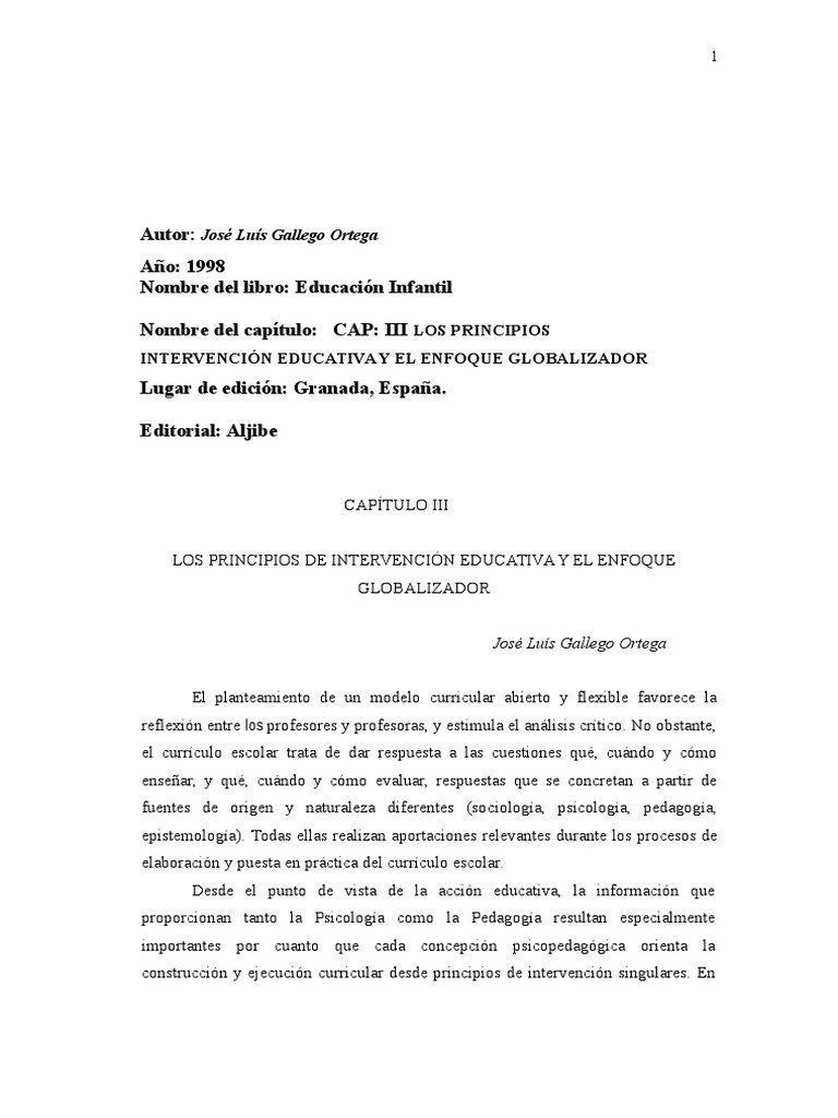 Los Principios Intervención Educativa y El Enfoque Globalizador | PDF | Aprendizaje | Plan de ...
